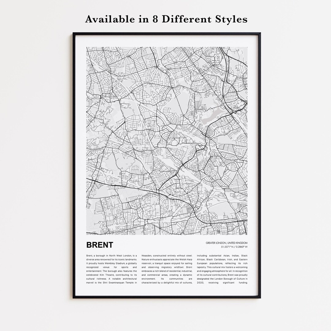 Brent Map Print, Brent Travel Map, Brent Wall Decor Art, Brent Greater ...