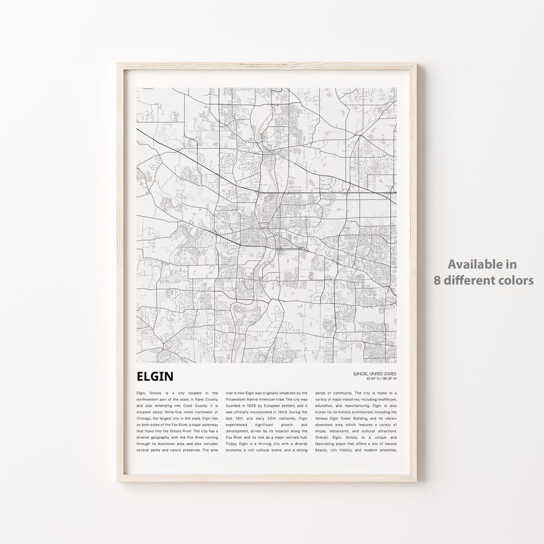 Elgin Map Print, Elgin Travel Map, Elgin Wall Decor Art, Elgin Illinois ...