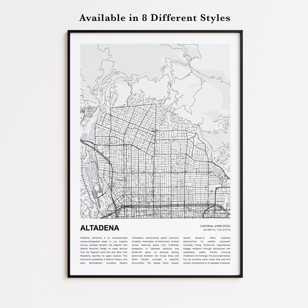 Altadena Map Print, Altadena Travel Map, Altadena Wall Decor Art ...
