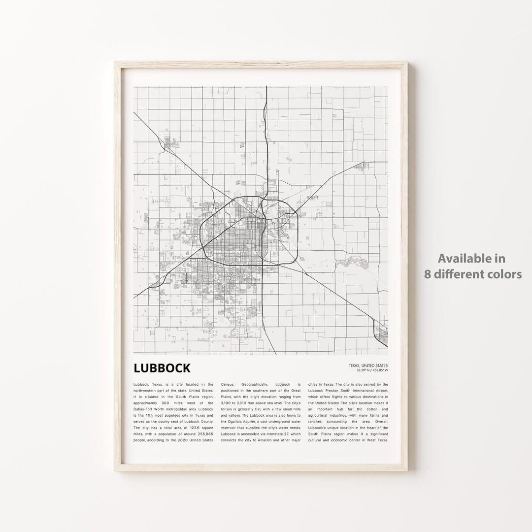 Lubbock Map Print, Lubbock Travel Map, Lubbock Wall Decor Art, Lubbock ...