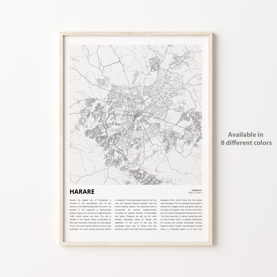 Harare Map Print, Harare Travel Map, Harare Wall Decor Art, Harare ...