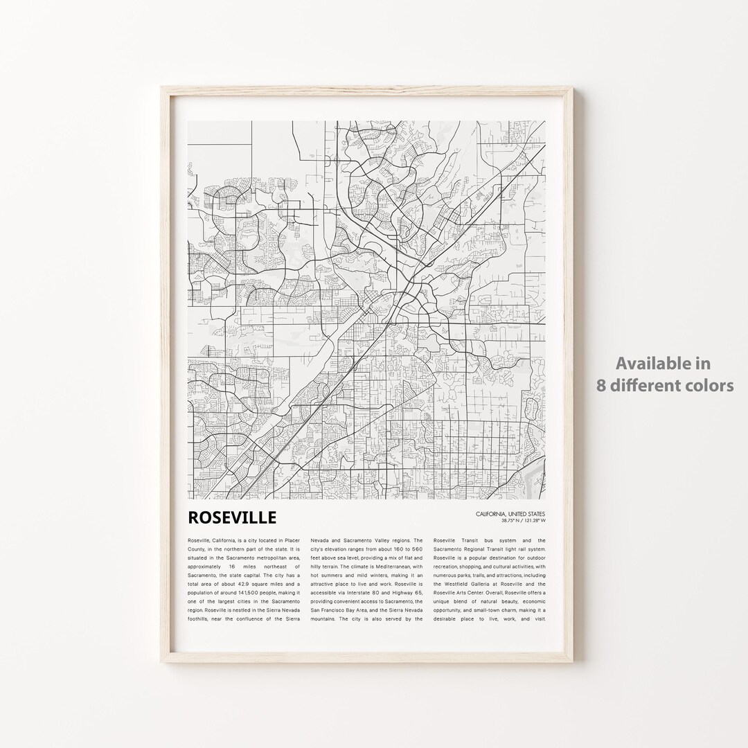 Roseville Map Print, Roseville Travel Map, Roseville Wall Decor Art ...