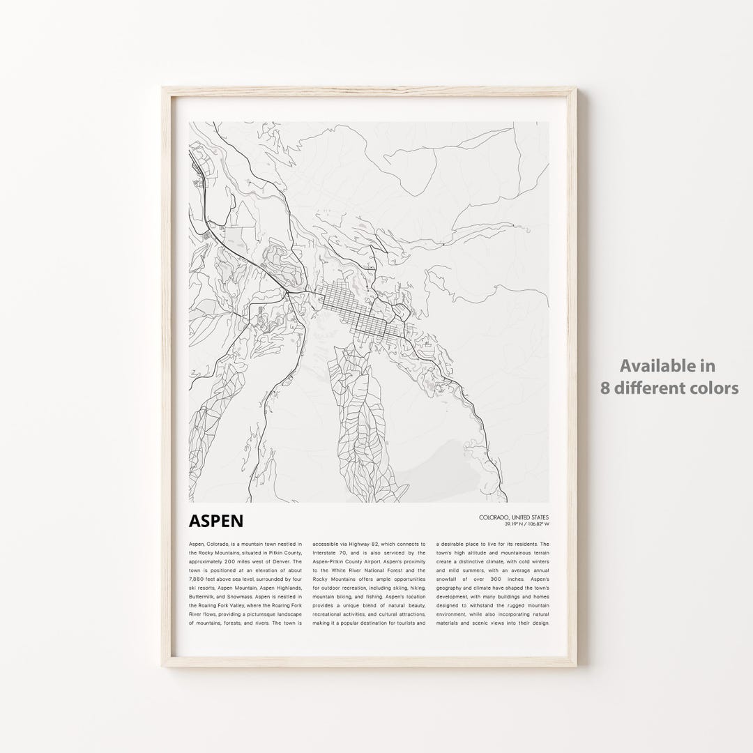 Aspen Map Print, Aspen Travel Map, Aspen Wall Decor Art, Aspen Colorado ...