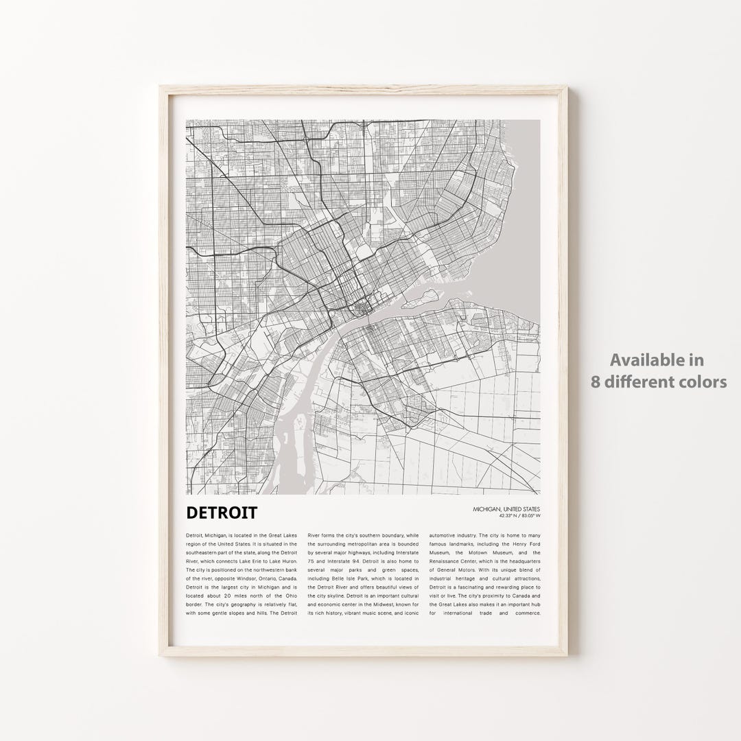 Detroit Map Print, Detroit Travel Map, Detroit Wall Decor Art, Detroit ...