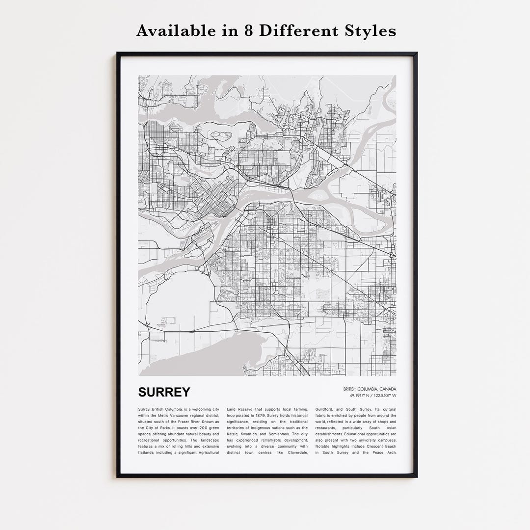 Surrey Map Print, Surrey Travel Map, Surrey Wall Decor Art, Surrey ...