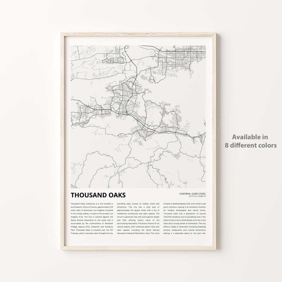 Thousand Oaks Map Print, Thousand Oaks Travel Map, Thousand Oaks Wall ...