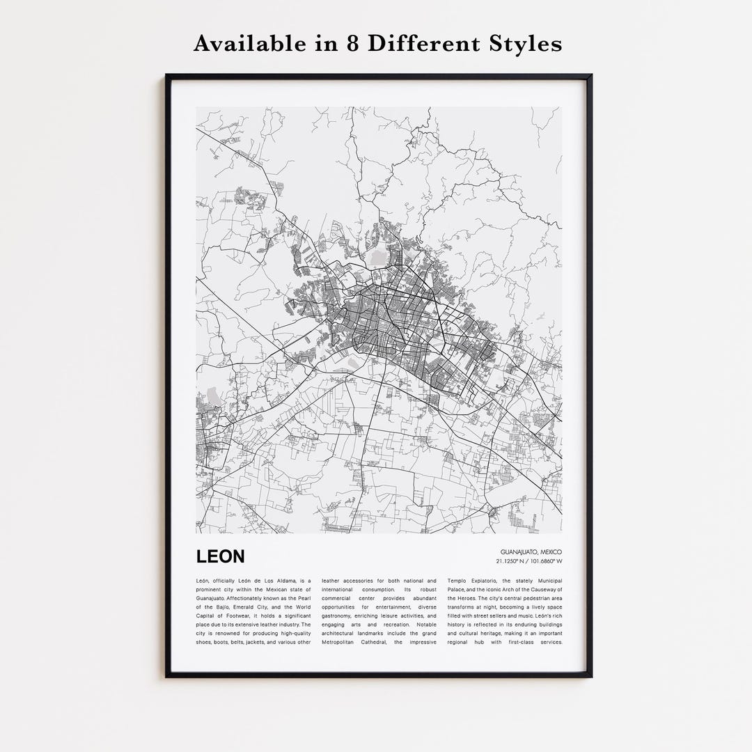 Leon Map Print, Leon Travel Map, Leon Wall Decor Art, Leon Guanajuato ...