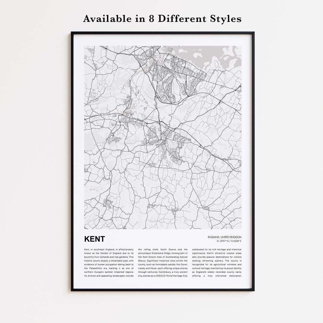 Kent Map Print, Kent Travel Map, Kent Wall Decor Art, Kent England ...