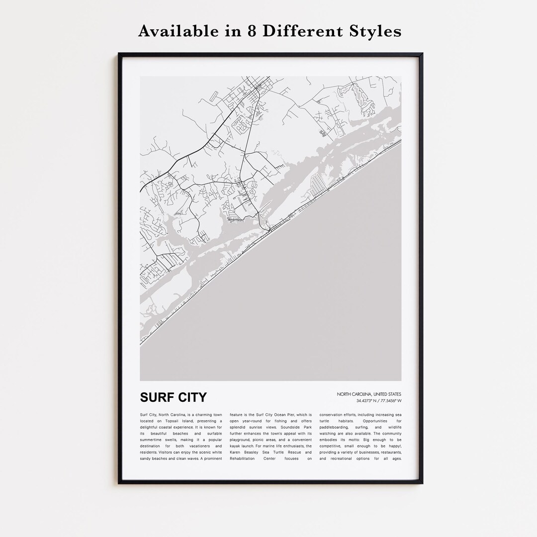 Surf City Map Print, Surf City Travel Map, Surf City Wall Decor Art ...