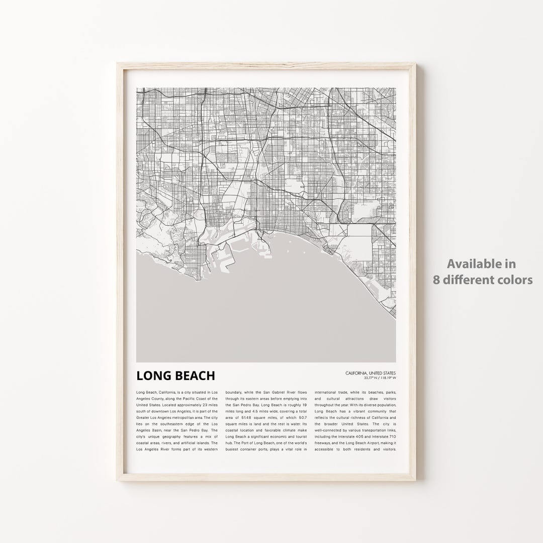 Long Beach Map Print, Long Beach Travel Map, Long Beach Wall Decor Art ...