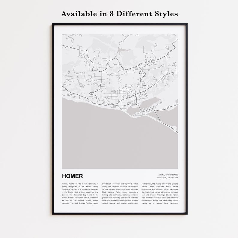 Homer Map Print, Homer Travel Map, Homer Wall Decor Art, Homer Alaska ...