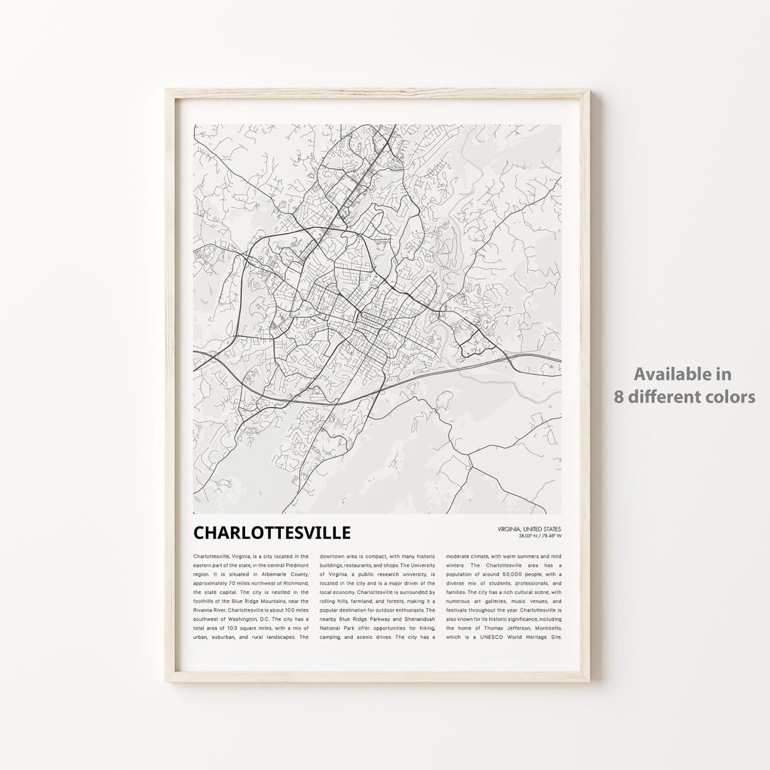 Charlottesville Map Print, Charlottesville Travel Map, Charlottesville ...