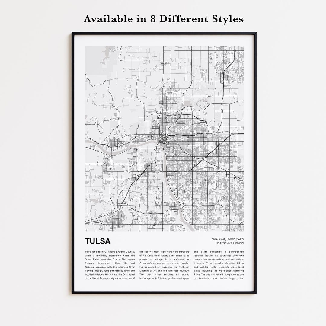 Mapa de Tulsa impreso, Mapa turístico de Tulsa, Arte decorativo de ...