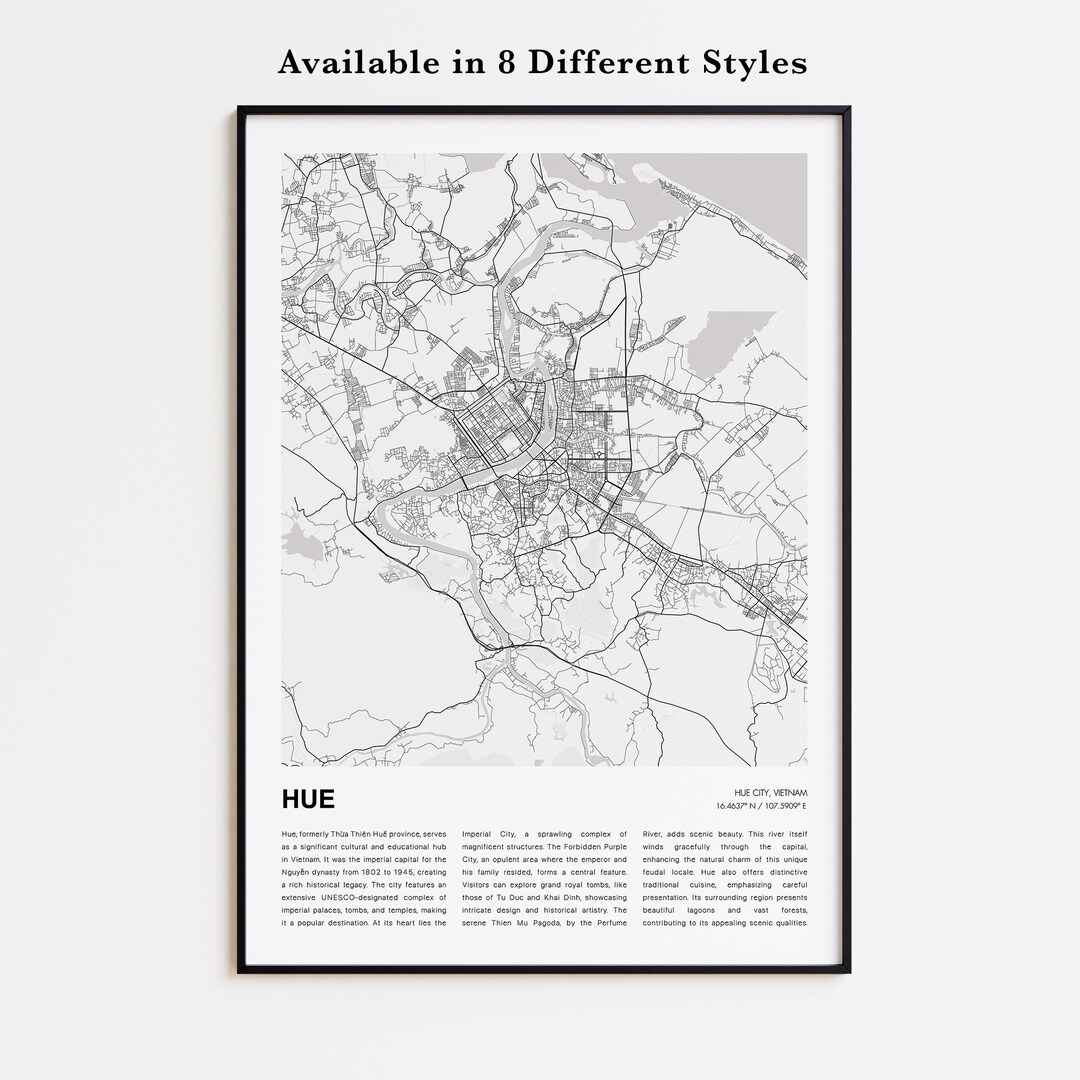 Hue Map Print, Hue Travel Map, Hue Wall Decor Art, Hue Thua Thien Hue ...