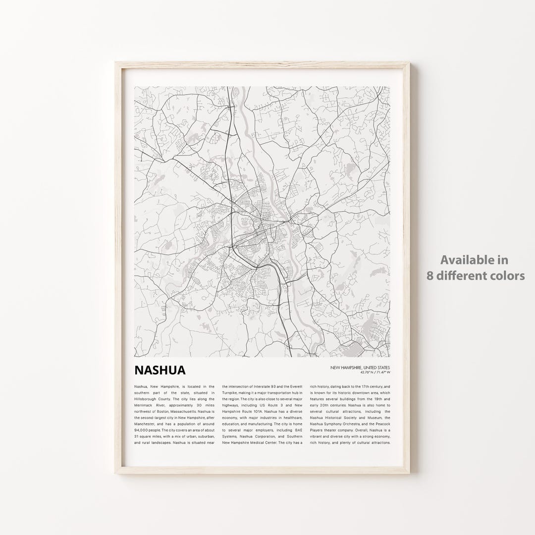 Nashua Map Print, Nashua Travel Map, Nashua Wall Decor Art, Nashua New ...