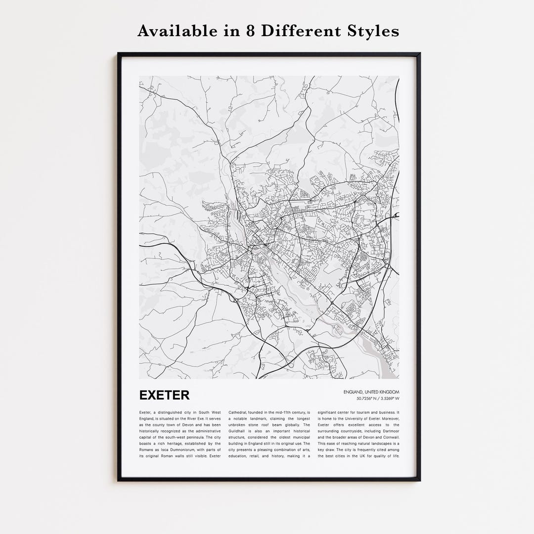 Exeter Map Print, Exeter Travel Map, Exeter Wall Decor Art, Exeter ...