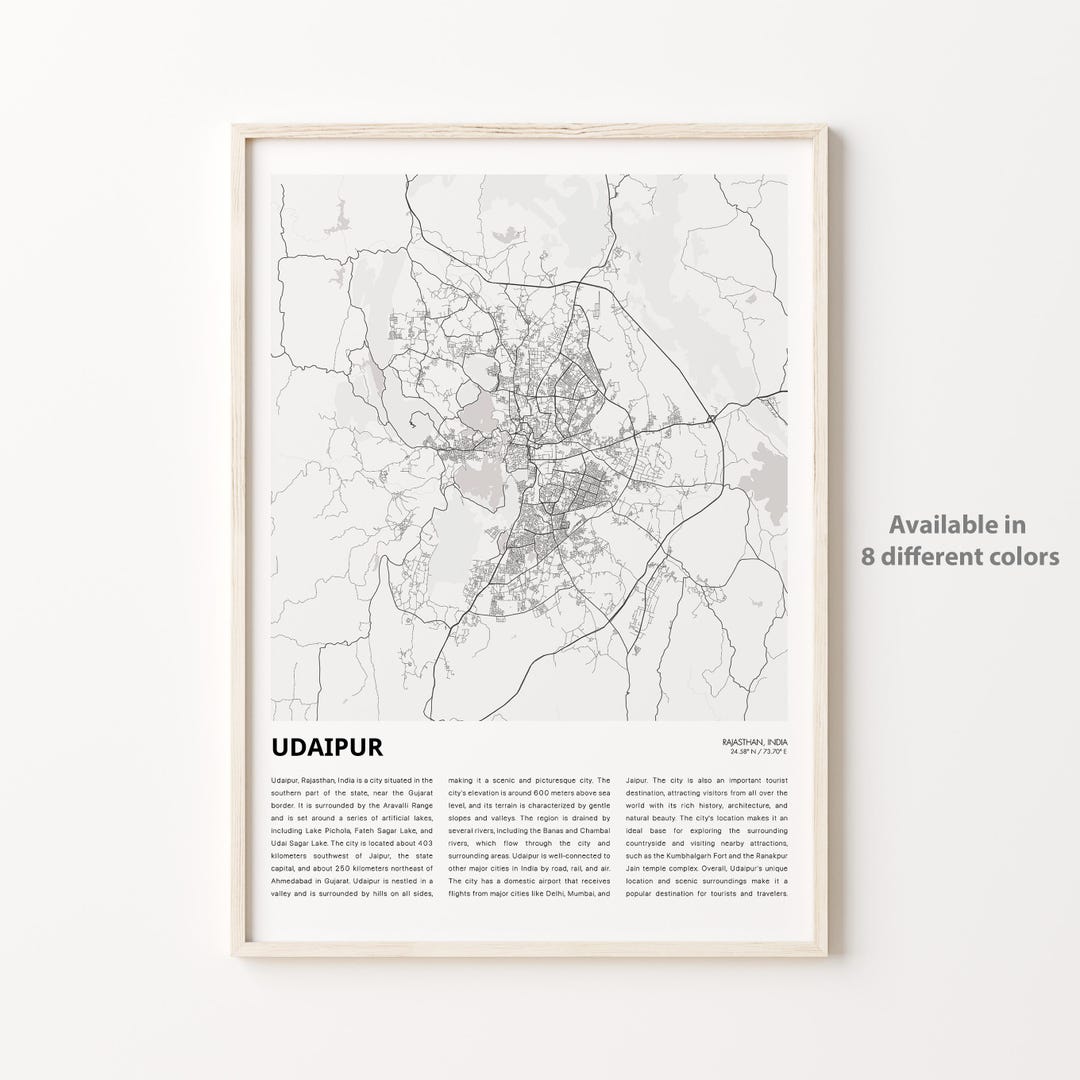 Udaipur Map Print, Udaipur Travel Map, Udaipur Wall Decor Art, Udaipur ...