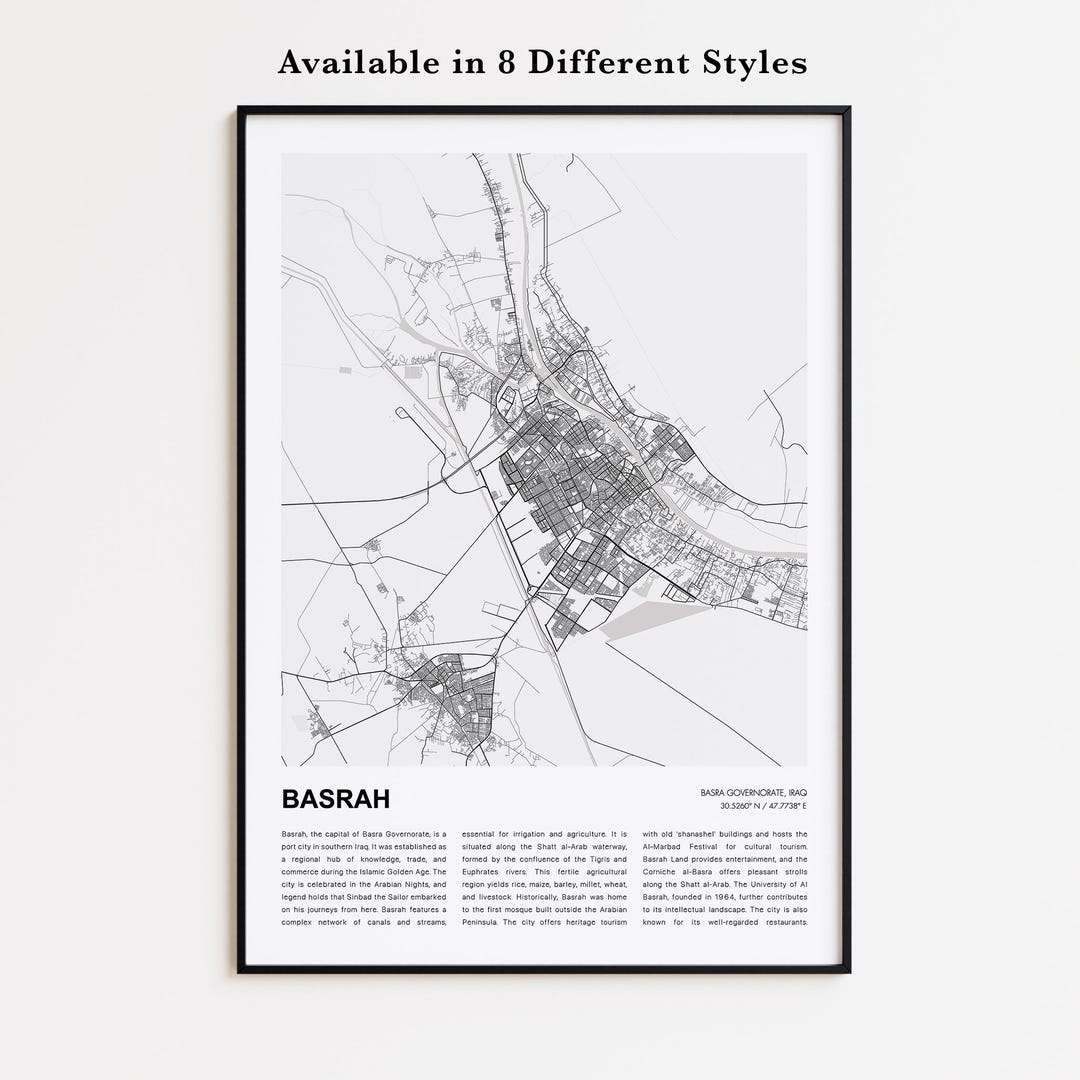 Basrah Map Print, Basrah Travel Map, Basrah Wall Decor Art, Basrah ...