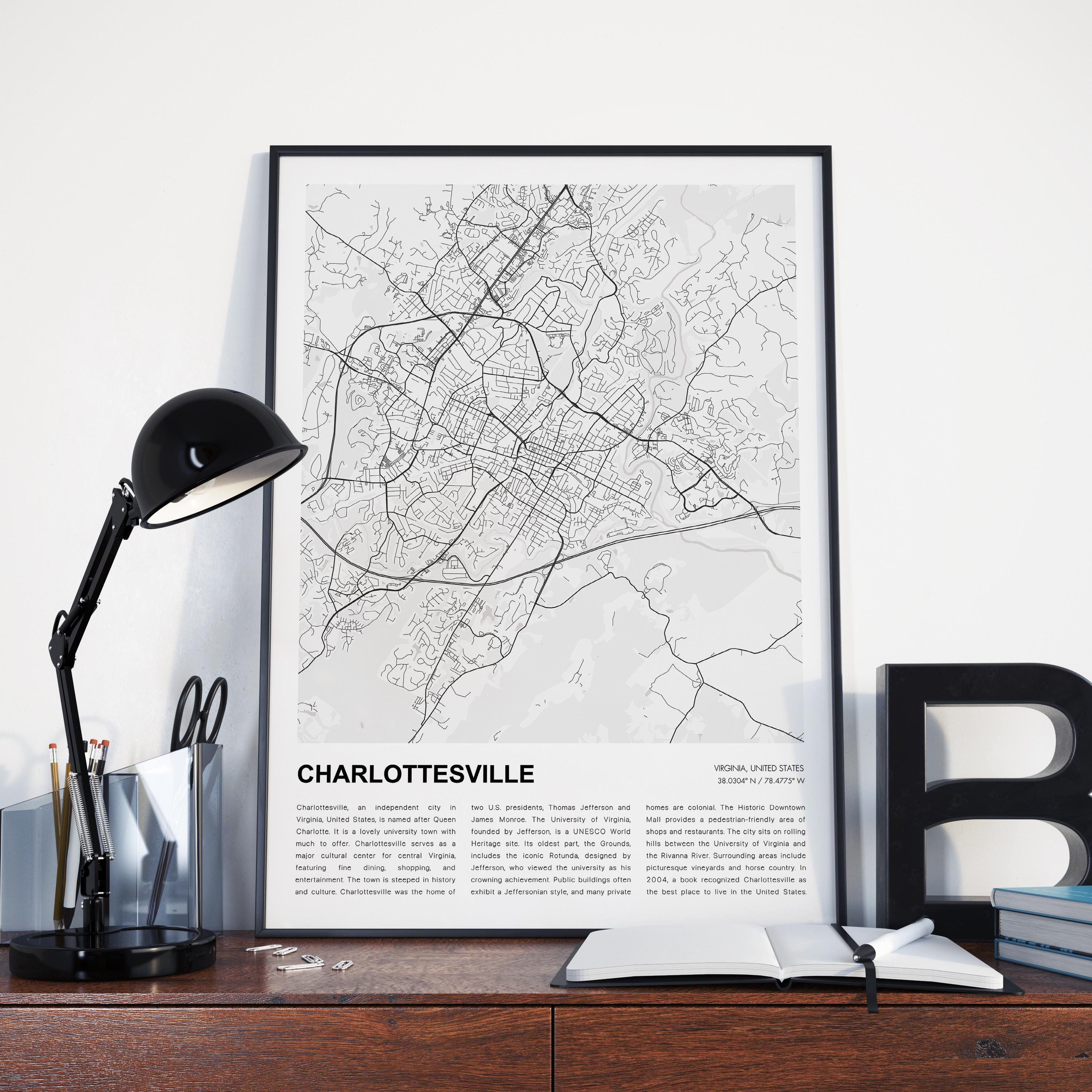 Charlottesville Map Print, Charlottesville Travel Map, Charlottesville ...