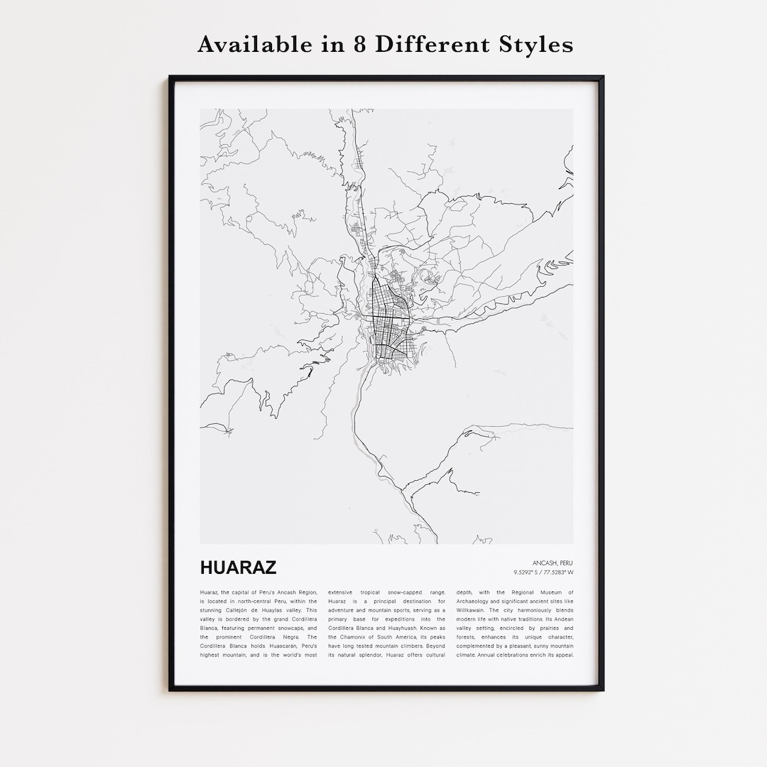 Huaraz Map Print, Huaraz Travel Map, Huaraz Wall Decor Art, Huaraz ...