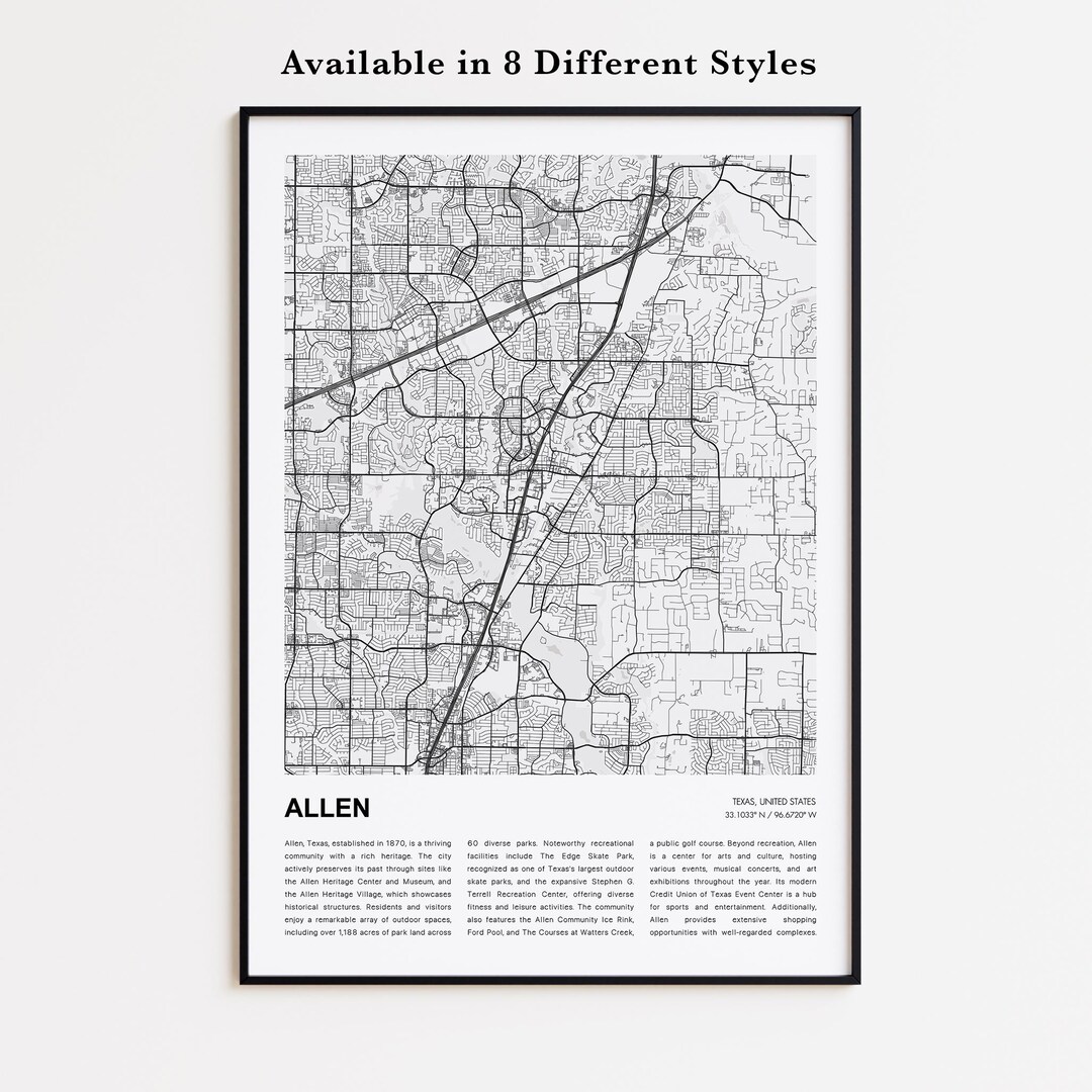 Allen Map Print, Allen Travel Map, Allen Wall Decor Art, Allen Texas ...