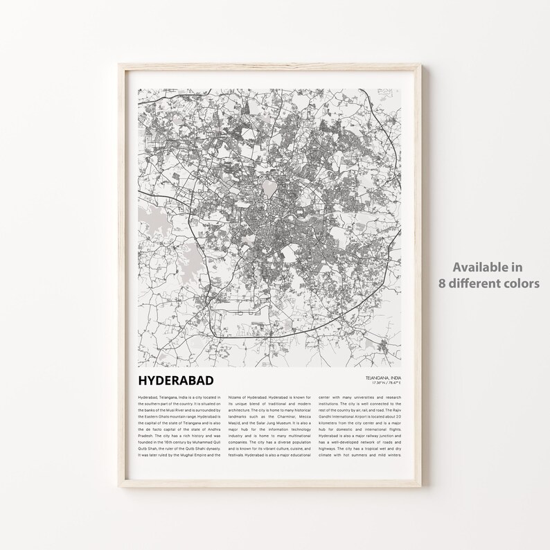 Hyderabad Map Print, Hyderabad Travel Map, Hyderabad Wall Decor Art ...