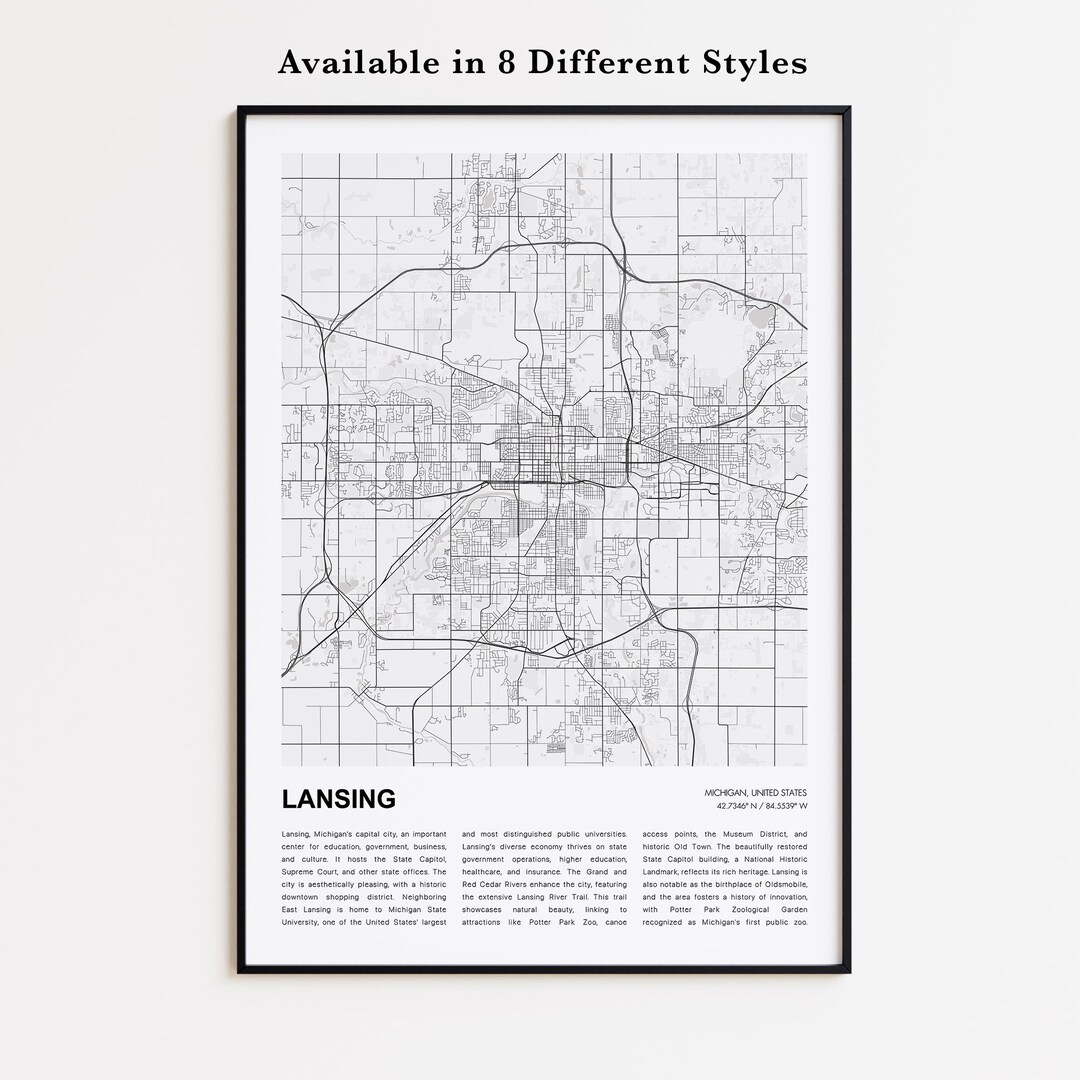 Lansing Map Print, Lansing Travel Map, Lansing Wall Decor Art, Lansing ...