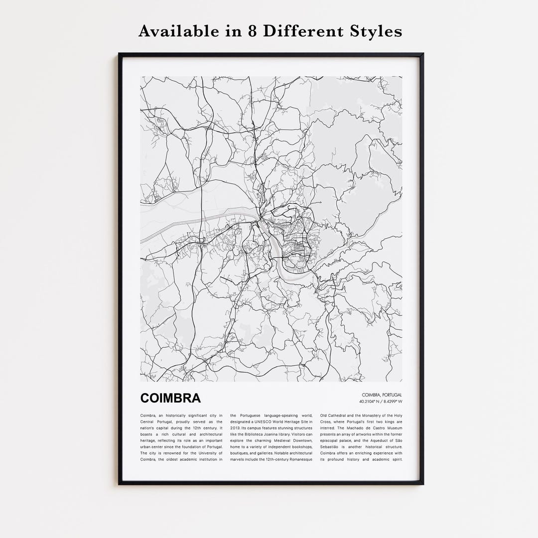 Coimbra Map Print, Coimbra Travel Map, Coimbra Wall Decor Art, Coimbra ...