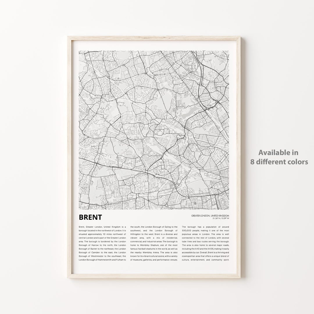 Brent Map Print, Brent Travel Map, Brent Wall Decor Art, Brent Greater ...