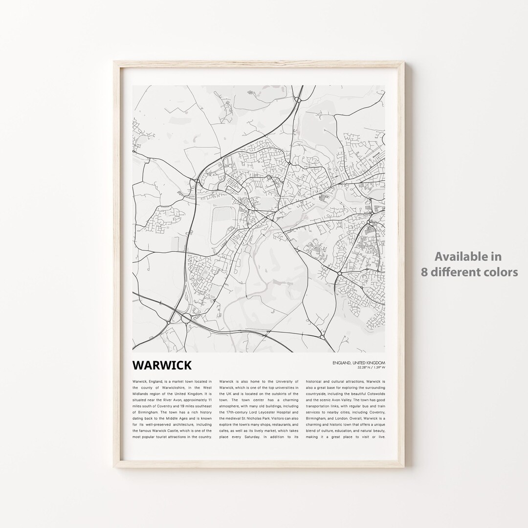 Warwick Map Print, Warwick Travel Map, Warwick Wall Decor Art, Warwick ...