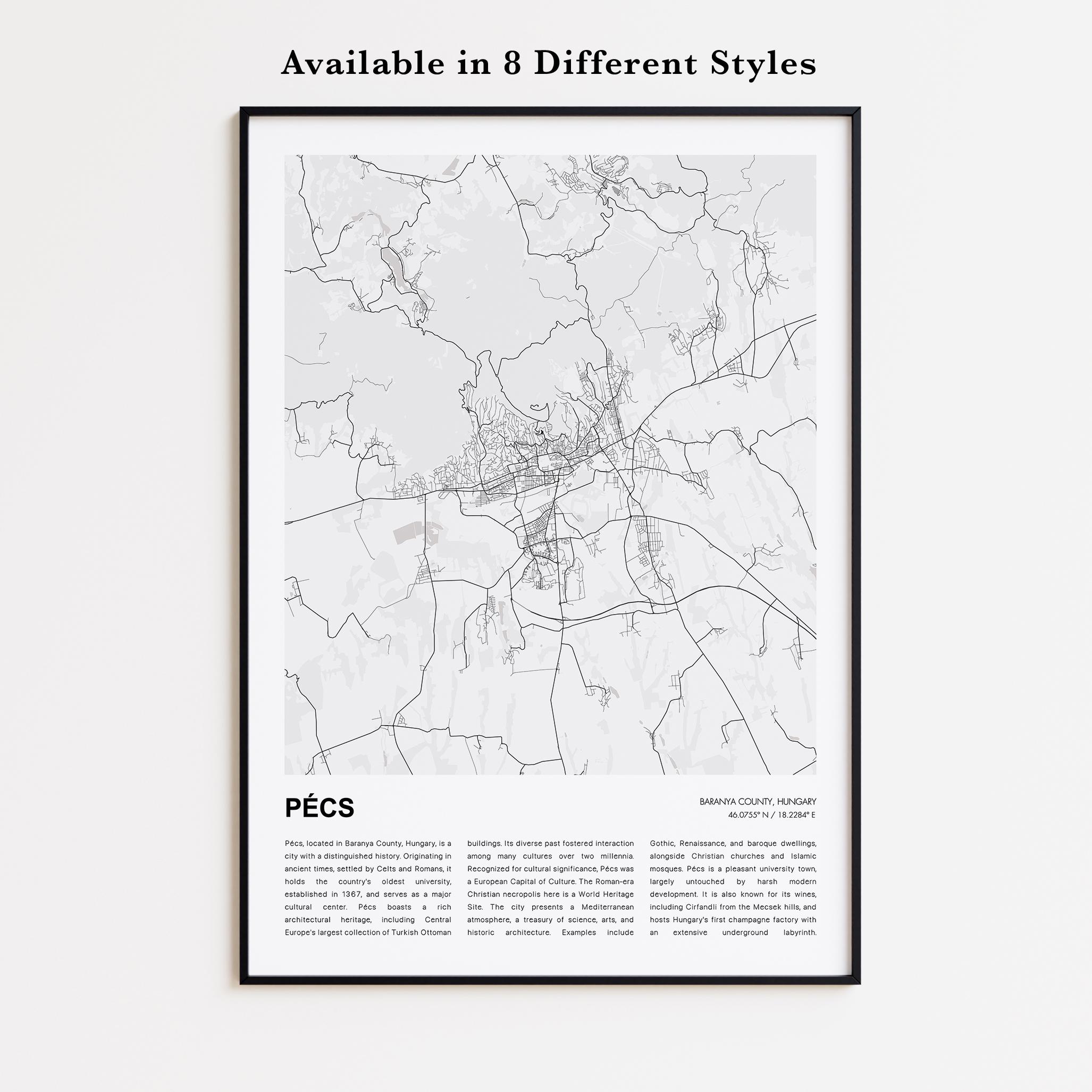Pécs Map Print, Pécs Travel Map, Pécs Wall Decor Art, Pécs Baranya ...