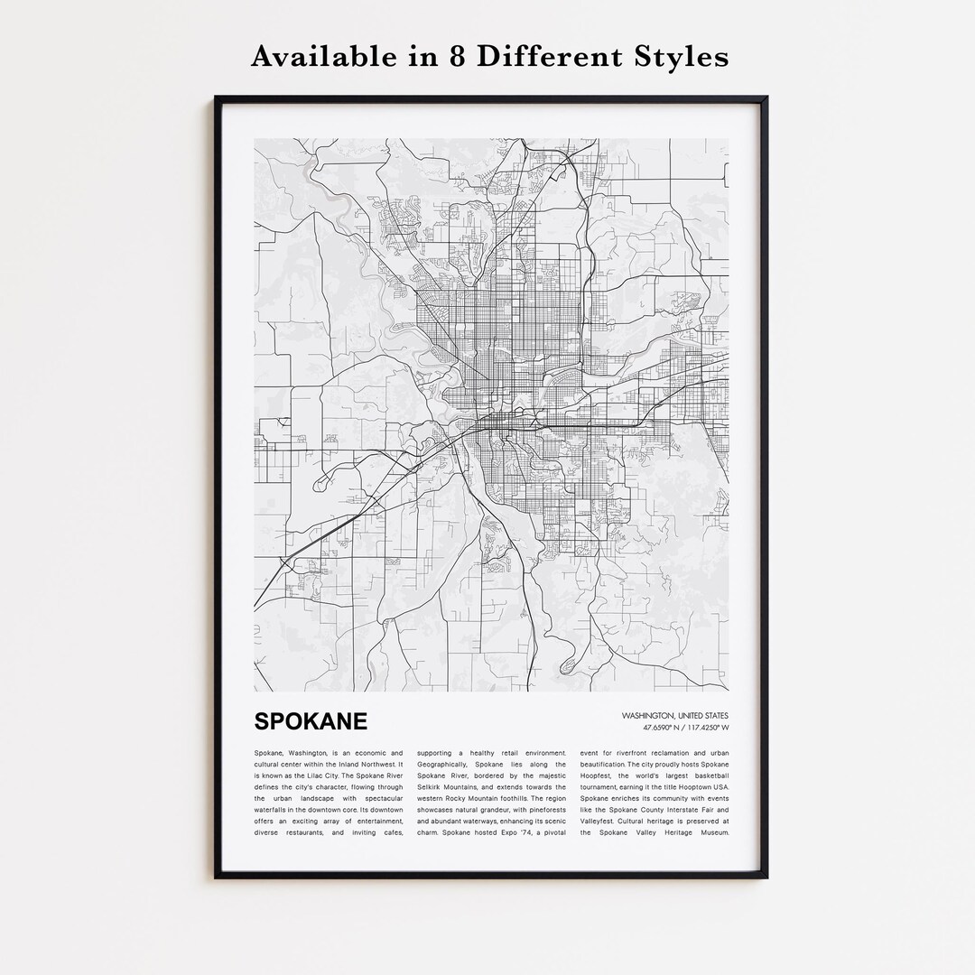 Spokane Map Print, Spokane Travel Map, Spokane Wall Decor Art, Spokane ...