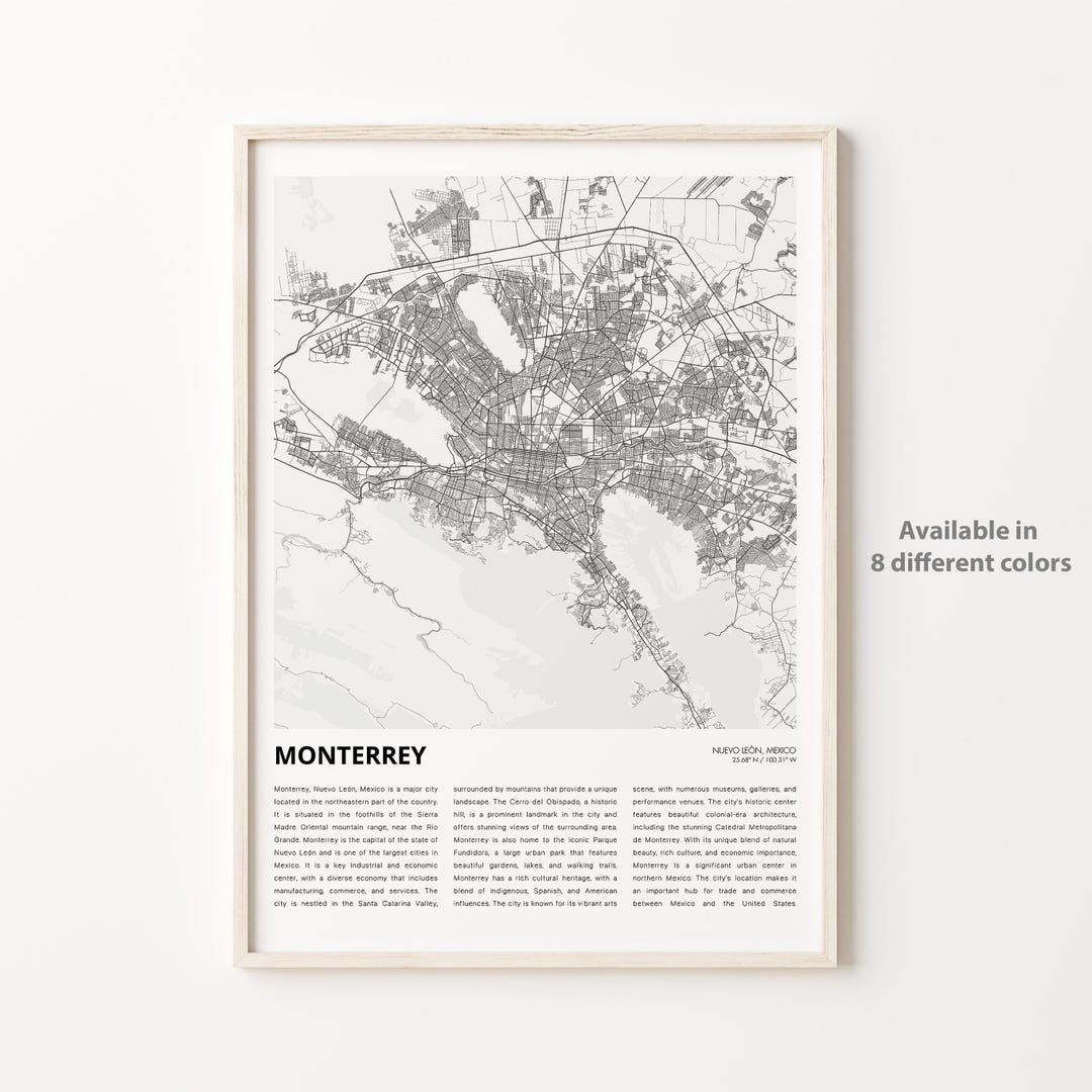 Monterrey Map Print, Monterrey Travel Map, Monterrey Wall Decor Art ...
