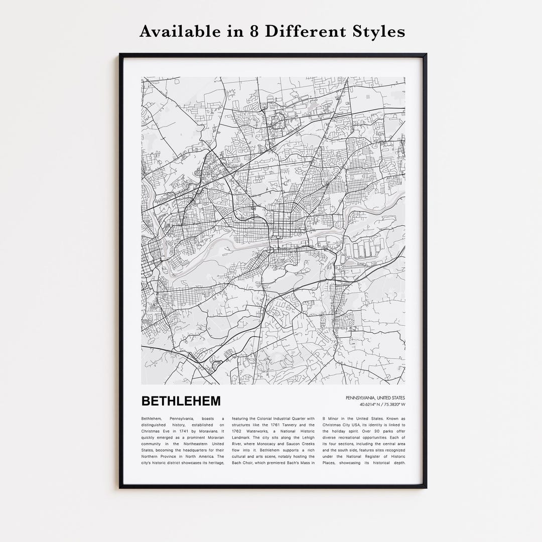 Bethlehem Map Print, Bethlehem Travel Map, Bethlehem Wall Decor Art ...