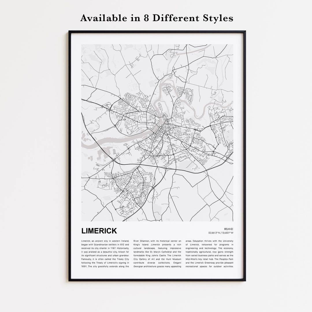 Limerick Map Print, Limerick Travel Map, Limerick Wall Decor Art ...