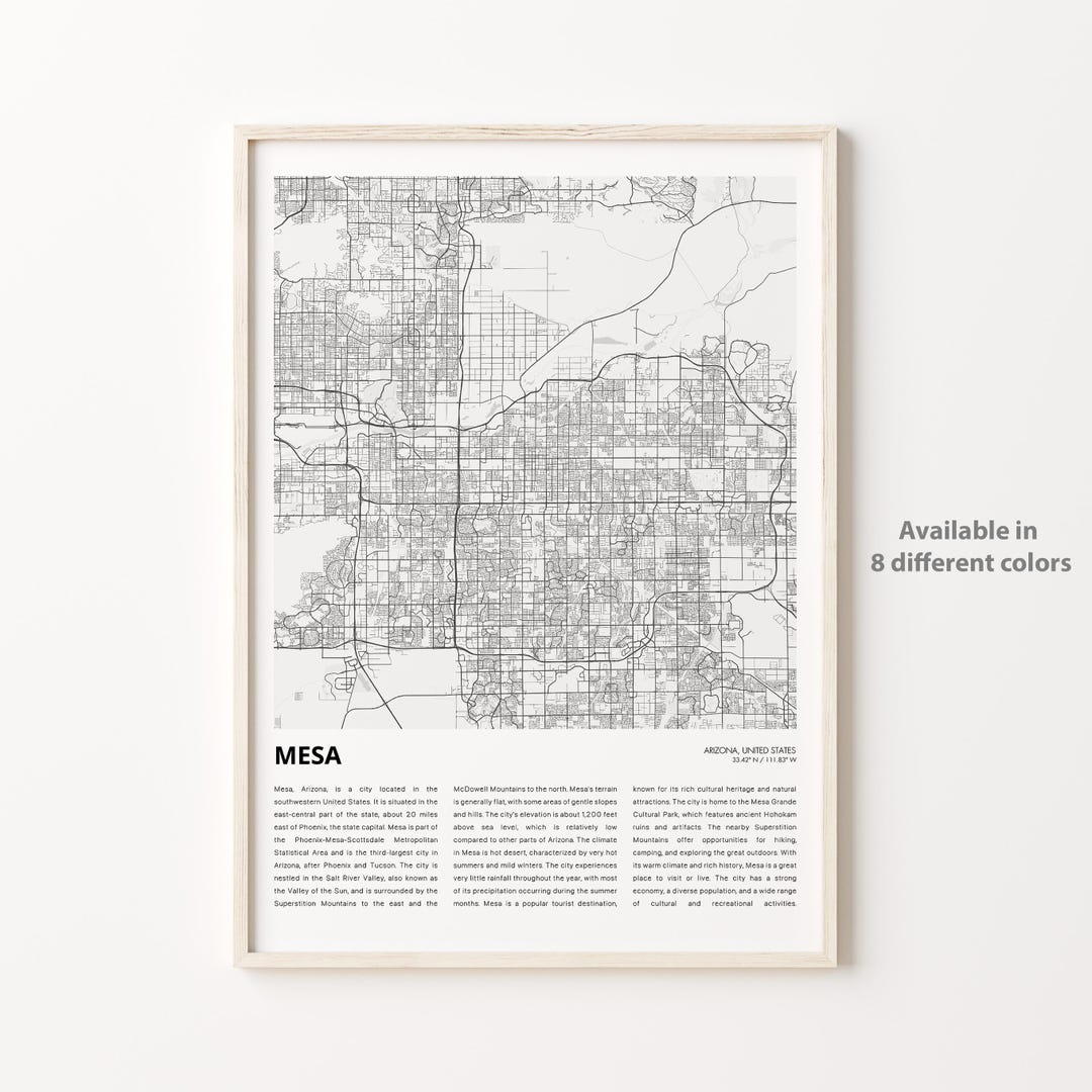 Mesa Map Print Mesa Travel Map Mesa Wall Decor Art Mesa Arizona