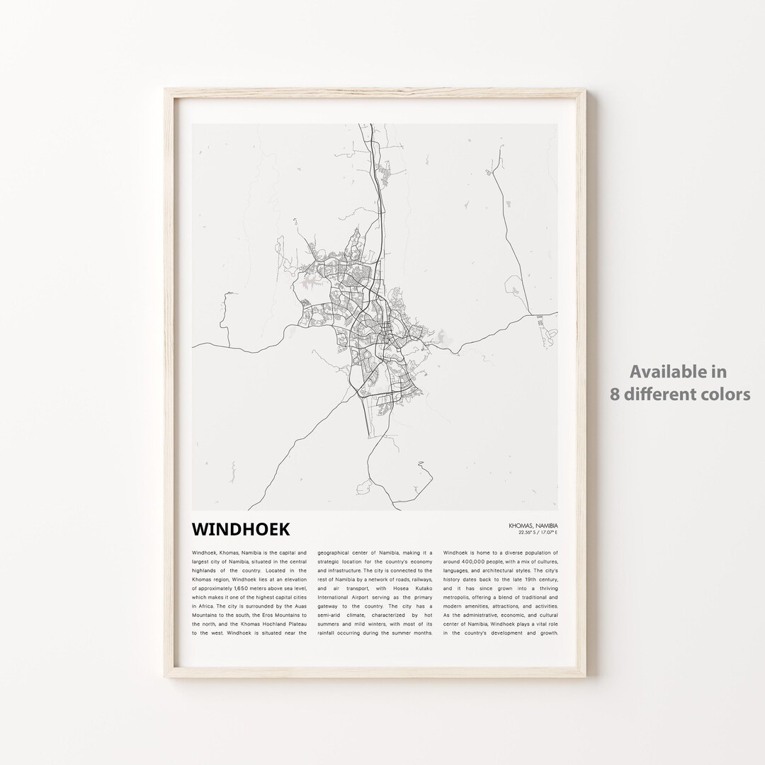 Windhoek Map Print, Windhoek Travel Map, Windhoek Wall Decor Art ...
