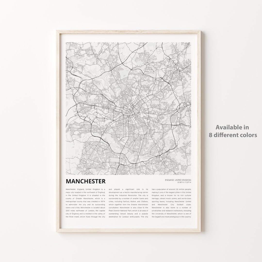 Manchester Map Print, Manchester Travel Map, Manchester Wall Decor Art ...