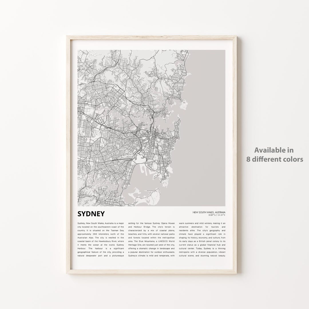 Sydney Map Print, Sydney Travel Map, Sydney Wall Decor Art, Sydney New ...