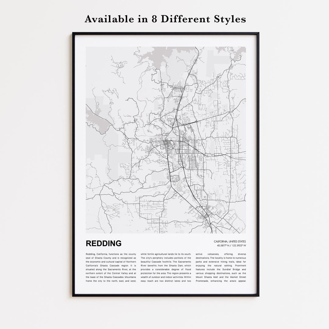 Redding Map Print, Redding Travel Map, Redding Wall Decor Art, Redding ...