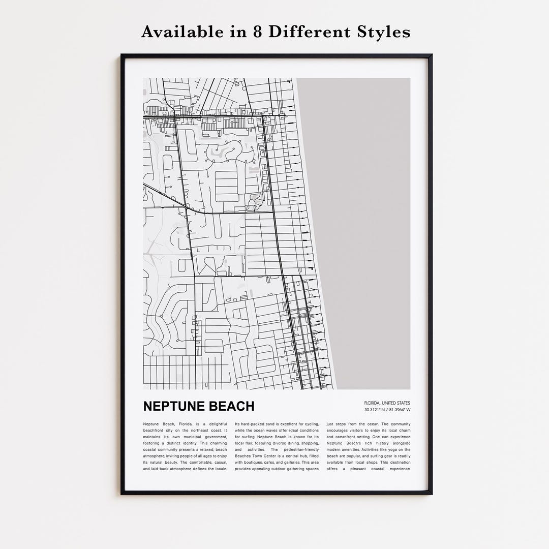 Neptune Beach Map Print, Neptune Beach Travel Map, Neptune Beach Wall ...