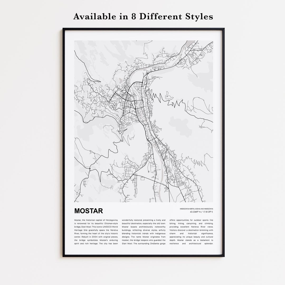 Mostar Map Print, Mostar Travel Map, Mostar Wall Decor Art, Mostar ...