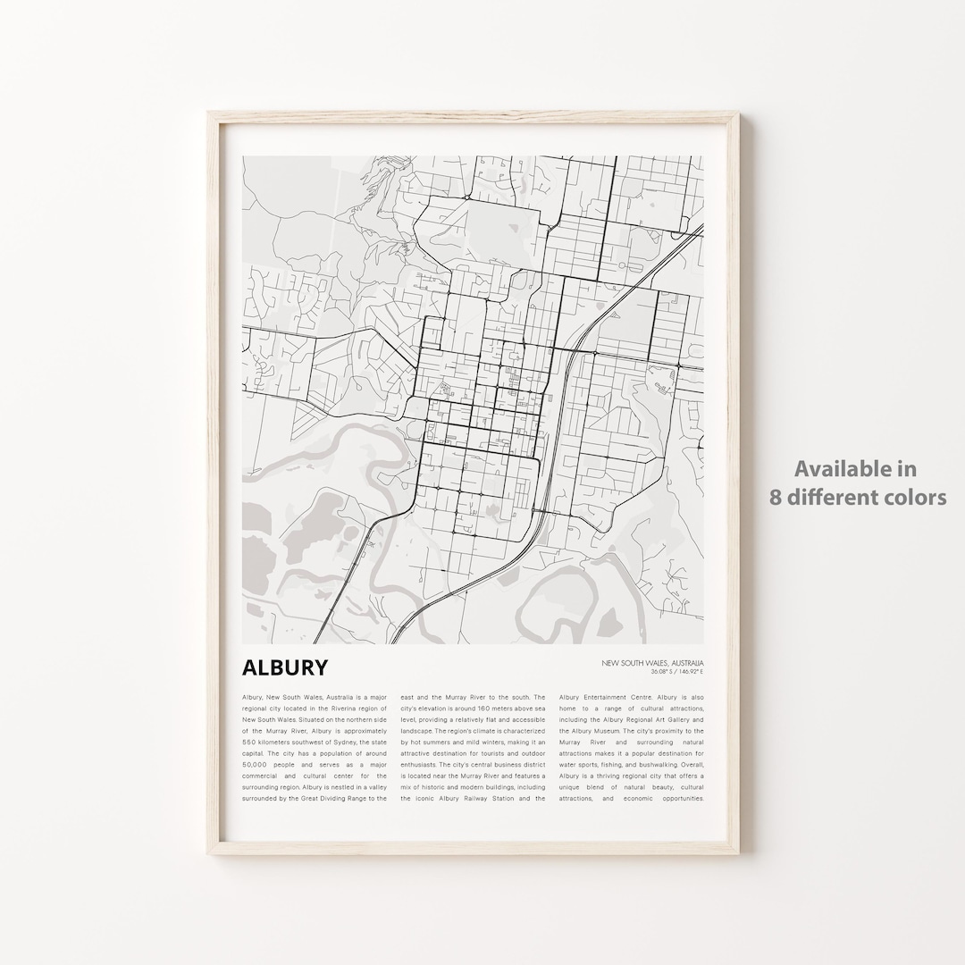 Albury Map Print, Albury Travel Map, Albury Wall Decor Art, Albury New South Wales, Housewarming ...
