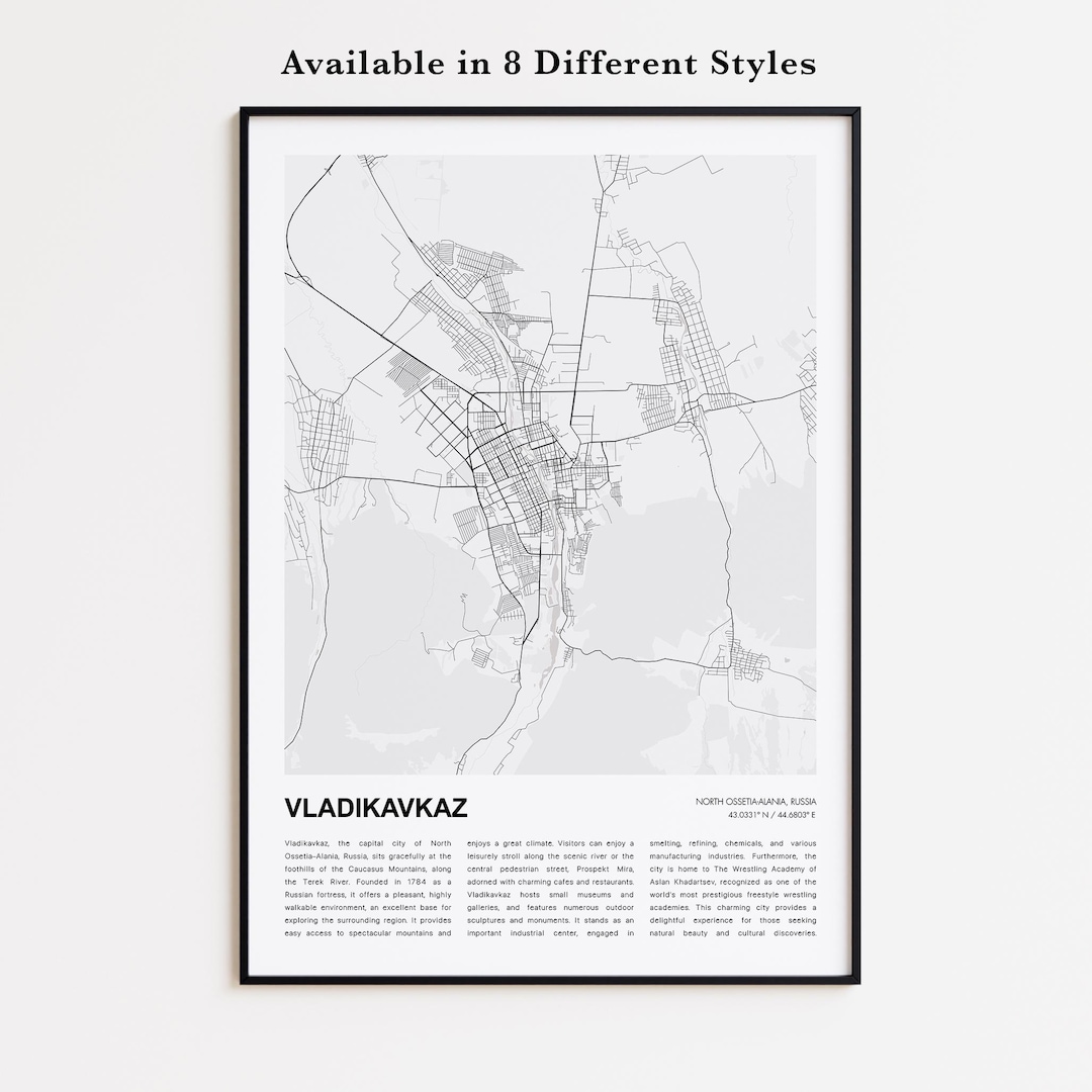 Vladikavkaz Map Print, Vladikavkaz Travel Map, Vladikavkaz Wall Decor ...
