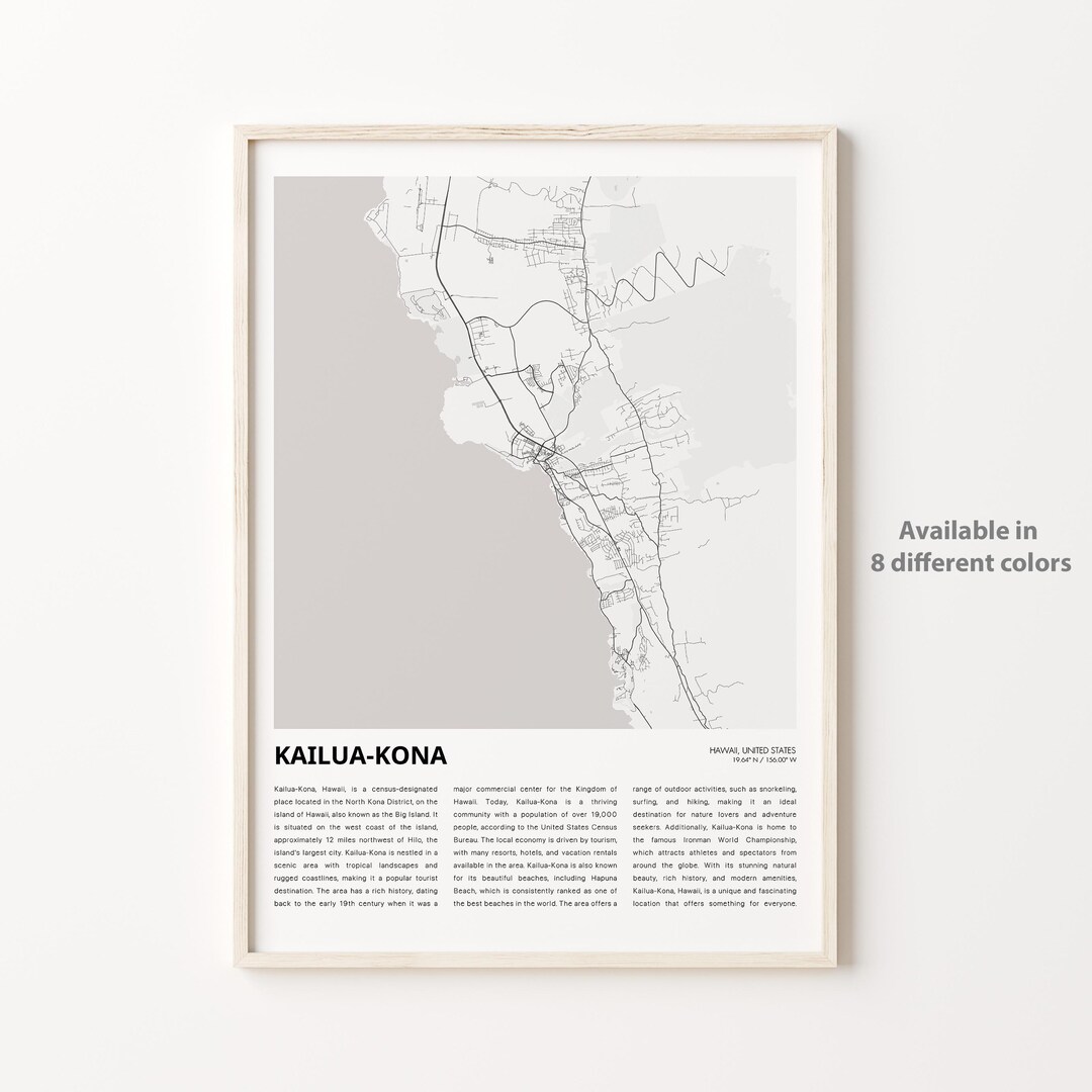 Kailua-kona Map Print, Kailua-kona Travel Map, Kailua-kona Wall Decor ...