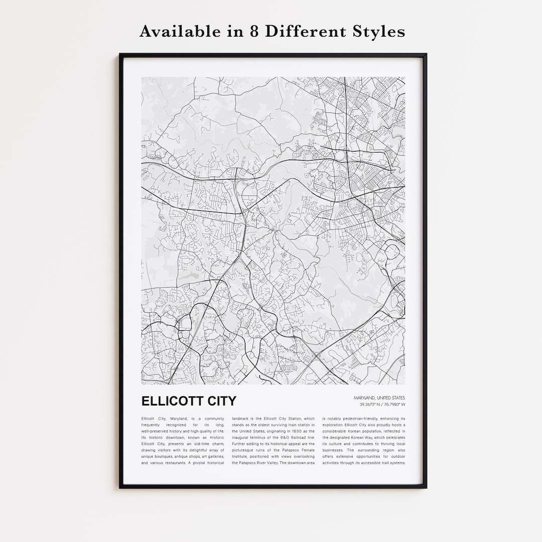 Ellicott City Map Print, Ellicott City Travel Map, Ellicott City Wall ...