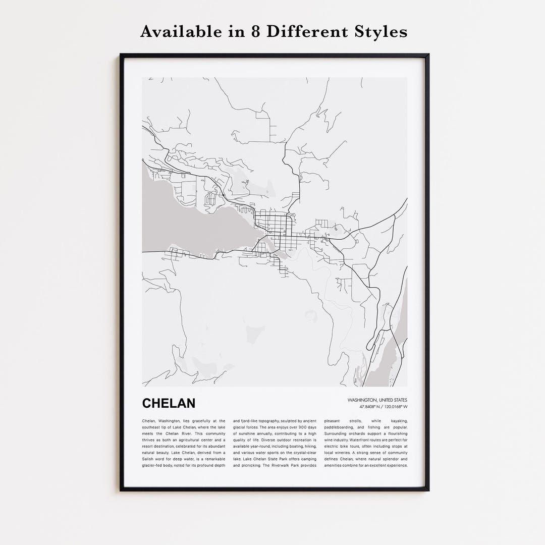 Chelan Map Print, Chelan Travel Map, Chelan Wall Decor Art, Chelan ...