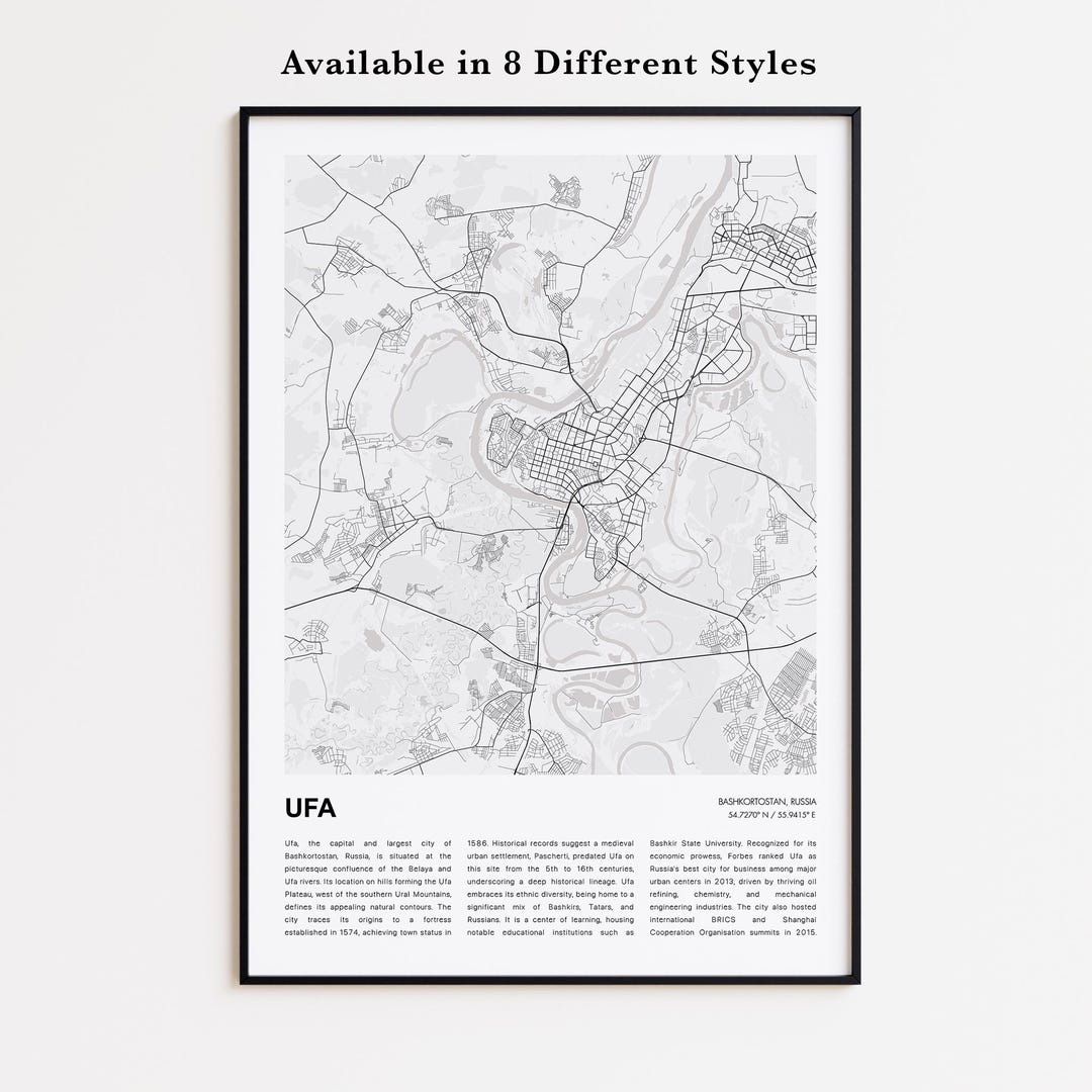 Ufa Map Print, Ufa Travel Map, Ufa Wall Decor Art, Ufa Bashkortostan ...