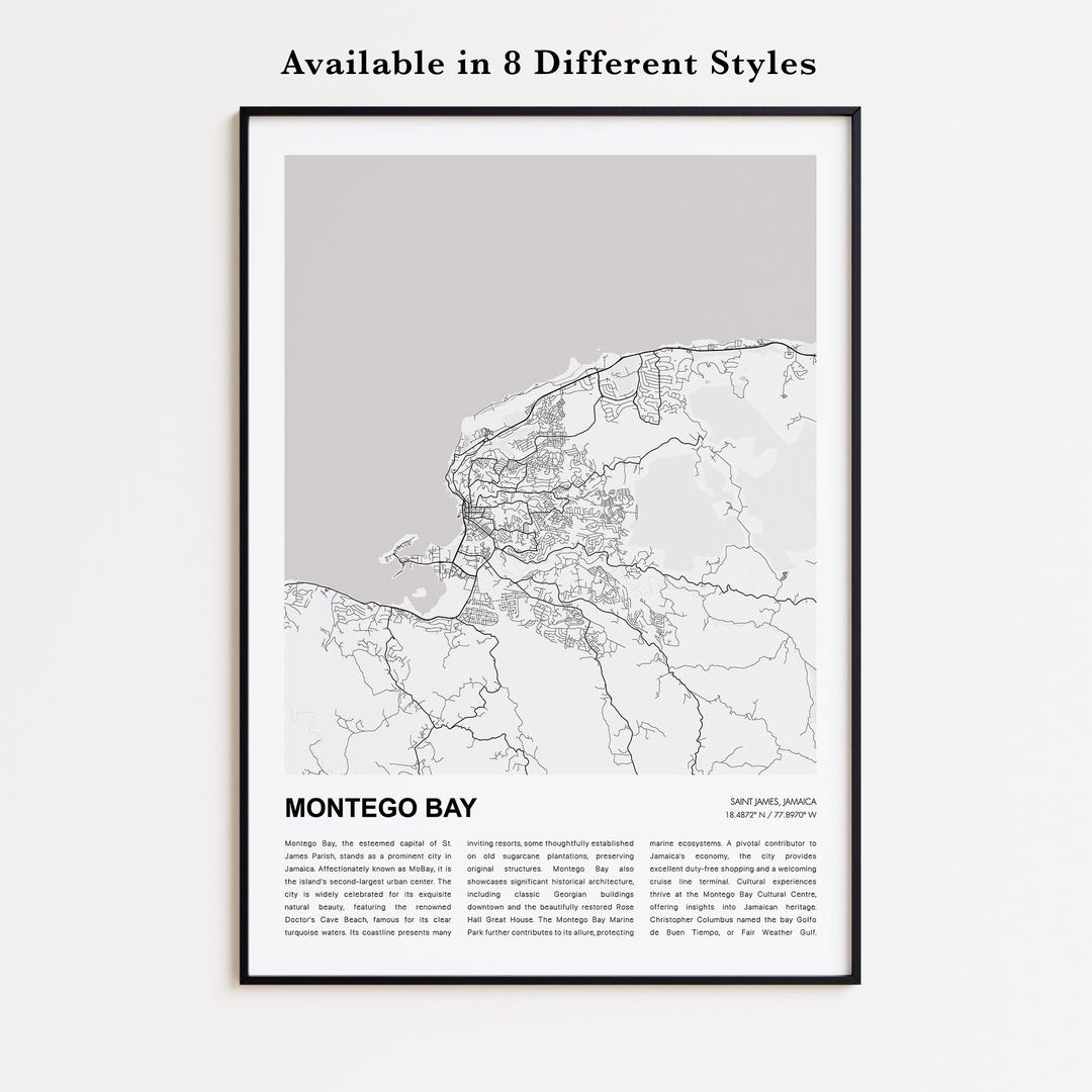 Montego Bay Map Print, Montego Bay Travel Map, Montego Bay Wall Decor ...