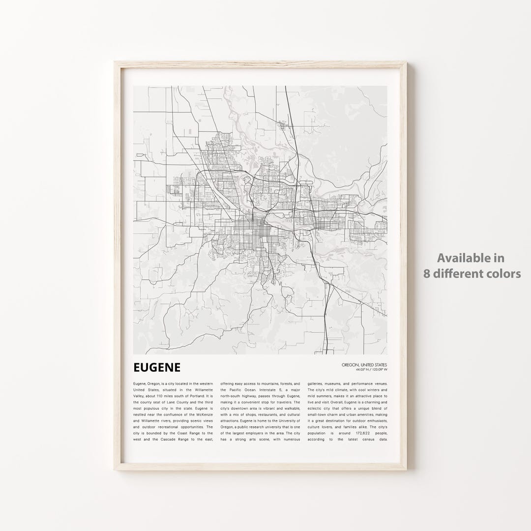 Eugene Map Print, Eugene Travel Map, Eugene Wall Decor Art, Eugene ...